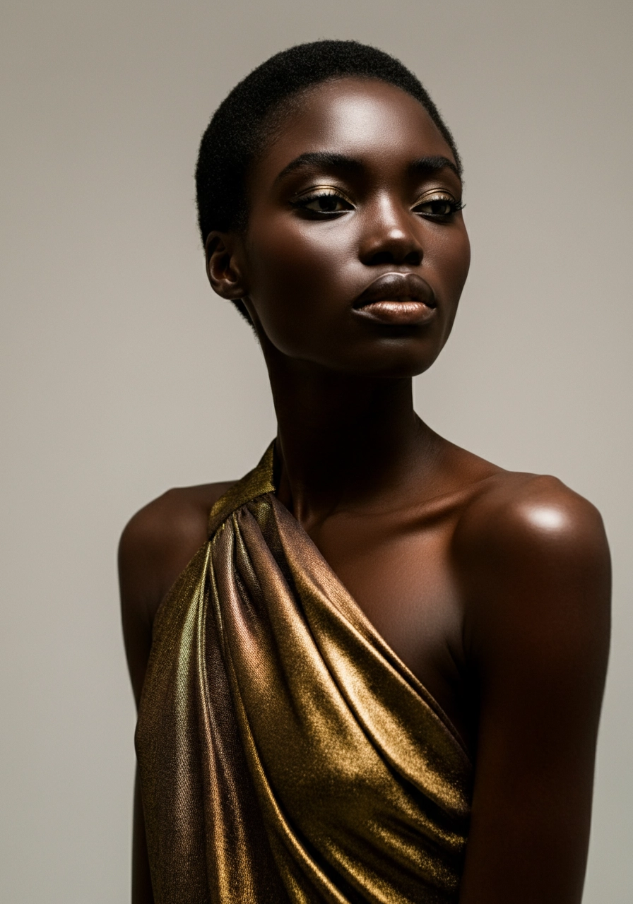 Visual Electric | Portrait of a black model wearing a gold dress in a ...