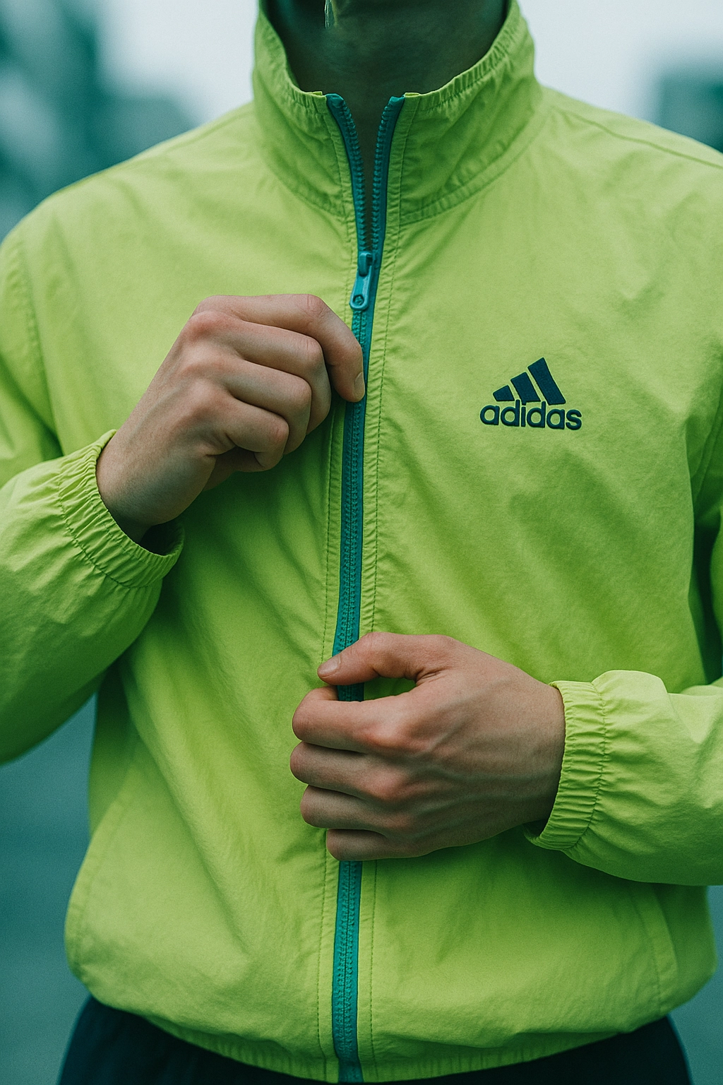 Visual Electric | “Close-up of hands zipping neon adidas jacket, urban ...